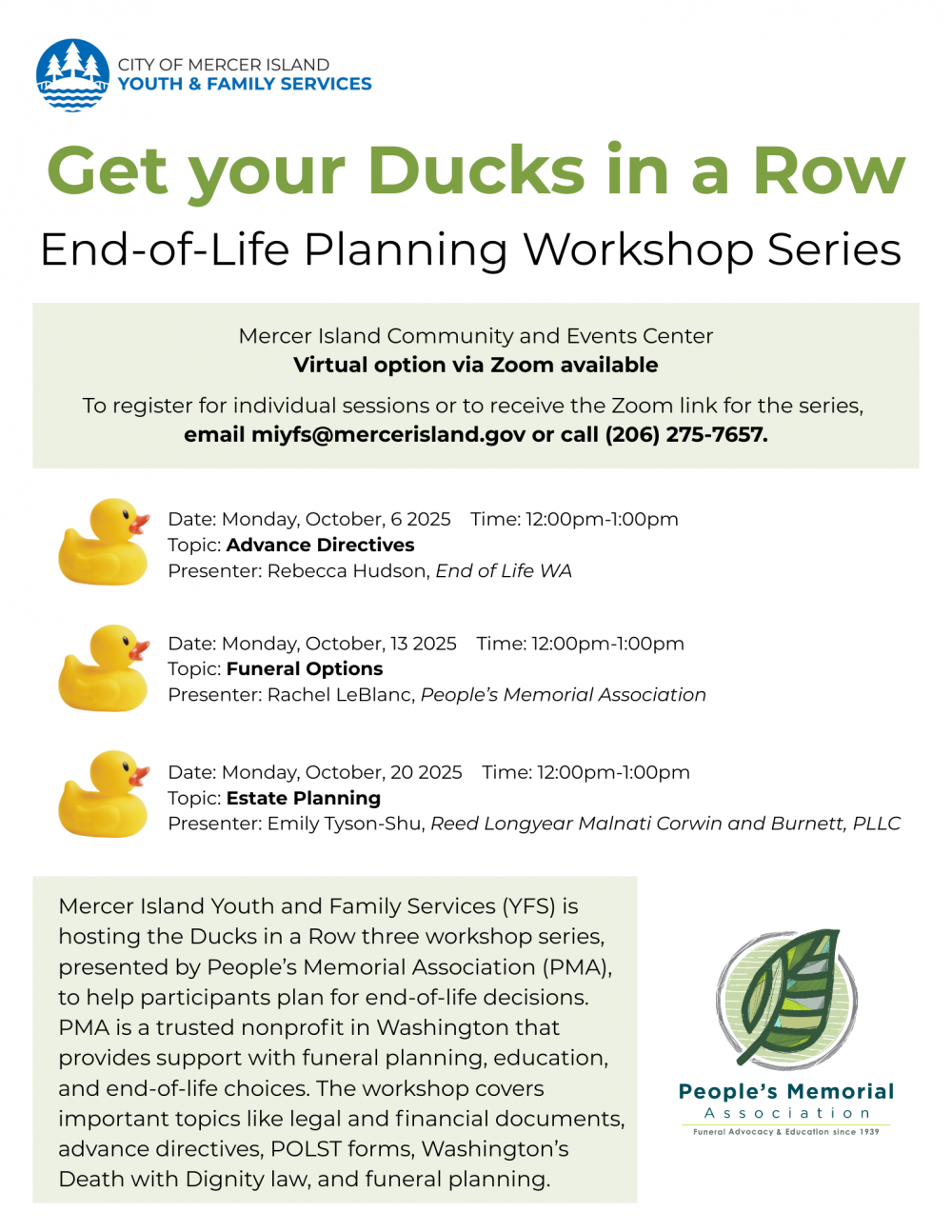 Ducks in a Row: End-of-Life Planning Workshop Series | Mercer Island, Washington